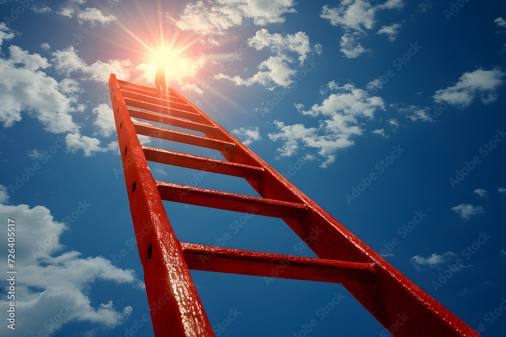 red ladder reaching towards a bright sun in a blue sky, symbolizing ...