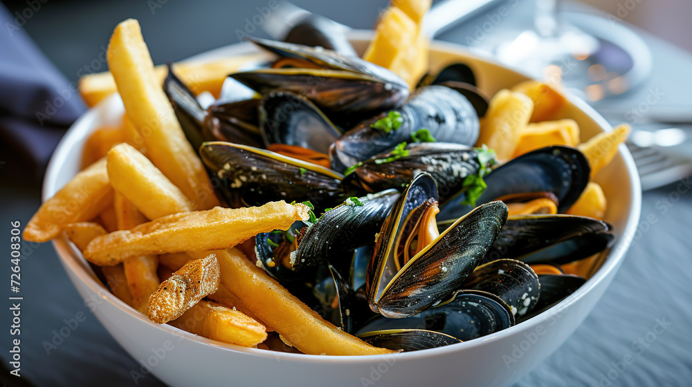 Moules frites, mussels are steamed with celery, leeks and butter and ...