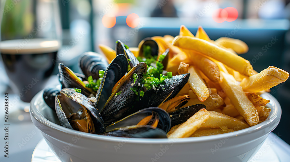 Moules frites, mussels are steamed with celery, leeks and butter and ...