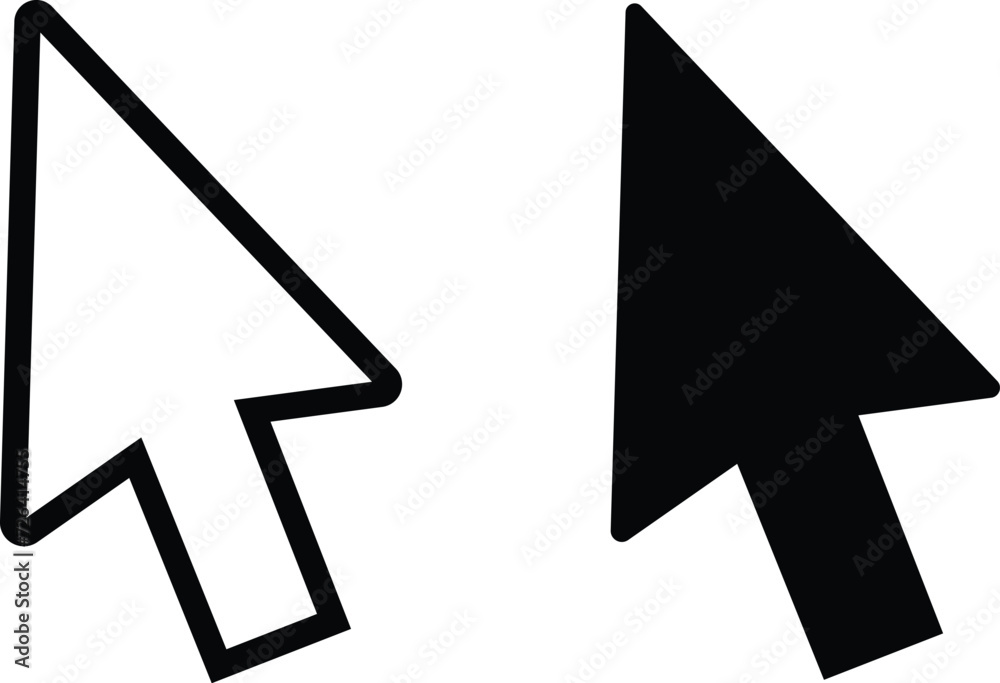 Computer mouse click cursor black line and flat arrow and hand icons set. Mouse pointer modern ...