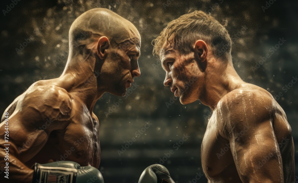 Intense stare down between two barechested bodybuilders, their muscular ...