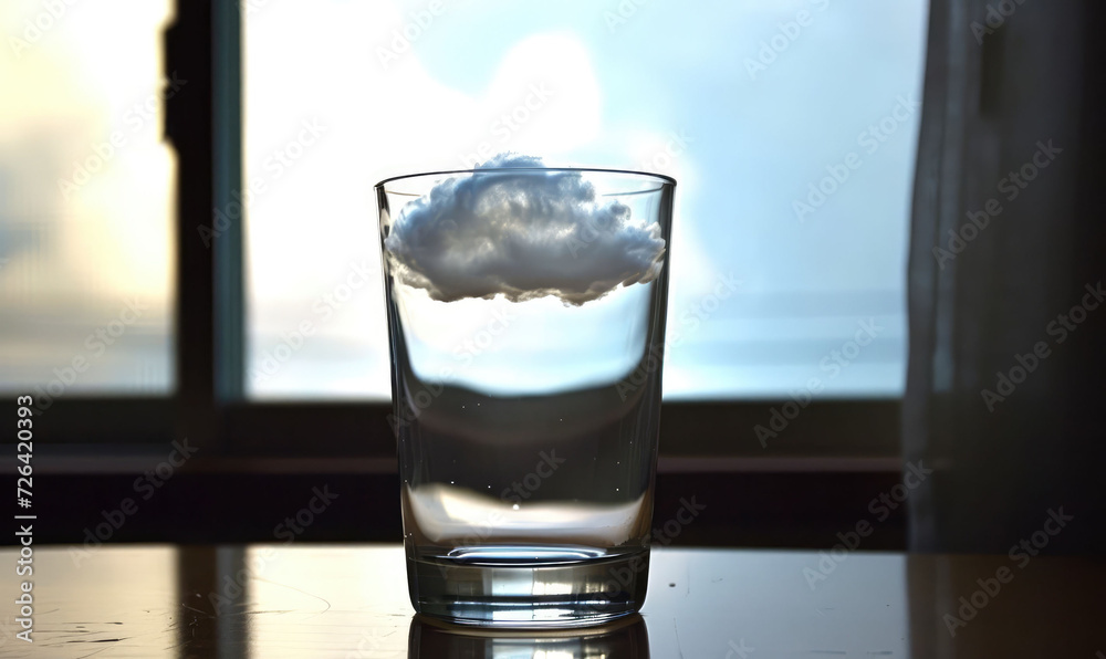 transparent glass on the table in front of the window with a tiny cloud ...