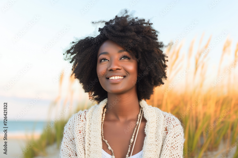 Portrait in the beach of a pleased 30 years old woman. Lifestyle ...