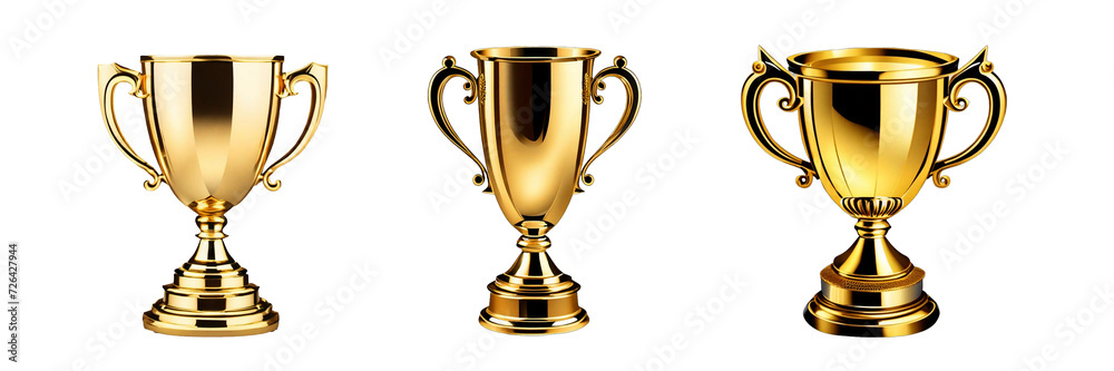 Collection of gold trophy cups isolated on a transparent background ...