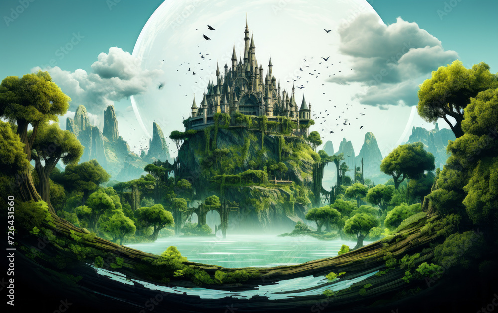 Fantasy floating island with lush green trees and a majestic castle ...