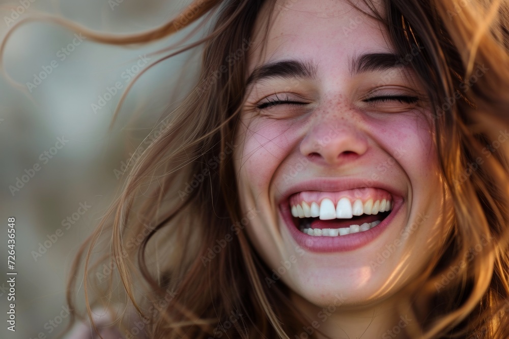 A joyous woman with a beaming smile, her eyes closed in pure happiness ...