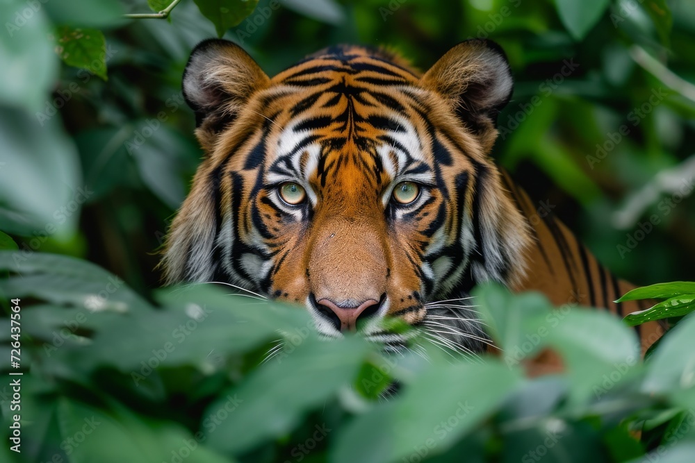 Captivating and majestic, a bengal tiger gazes directly into the camera ...