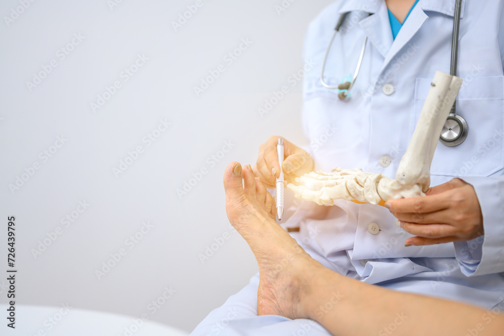 An orthopedic doctor points to a model of ankle and foot bones ...