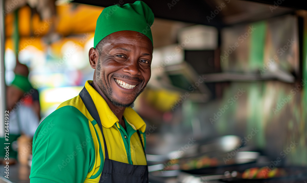 Jamaican Street food chef cooking in a frying pan with a high flameon ...