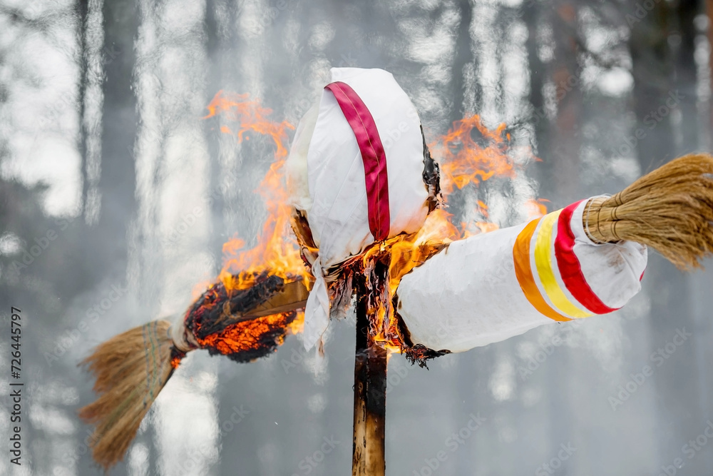 Russian traditions. Shirokaya Maslenitsa holiday. Burning of an effigy ...