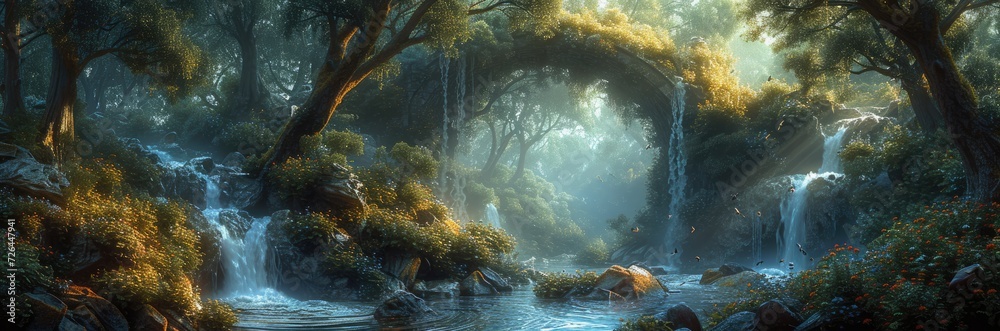 Mythical gardens with enchanted structures and mystical creatures Stock ...