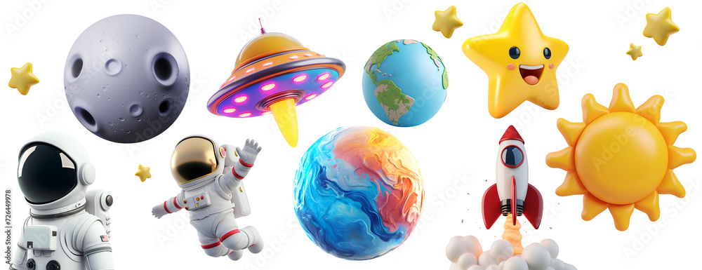 Illustration of 3D Realistic Cartoon Space Elements Set: Rocket, UFO ...
