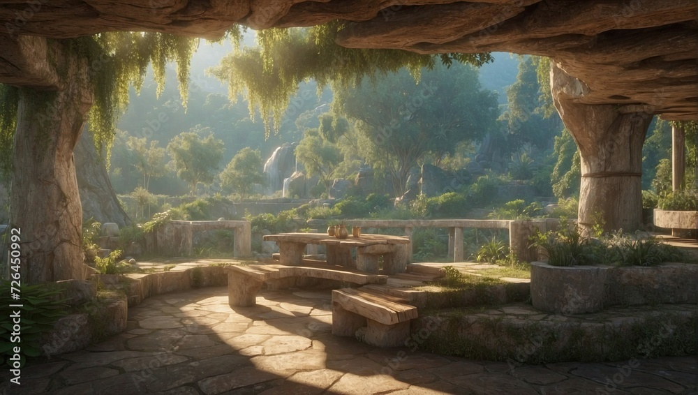 Lush, tranquil forest scene from inside a cave, with sunlit greenery, a ...