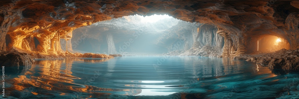 Subterranean city with illuminated caverns and underground lakes Stock ...