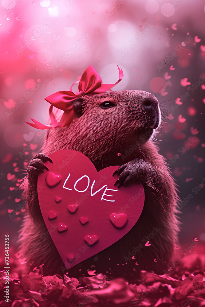 Cute capybara with a pink heart on glamour pink background. With a text ...