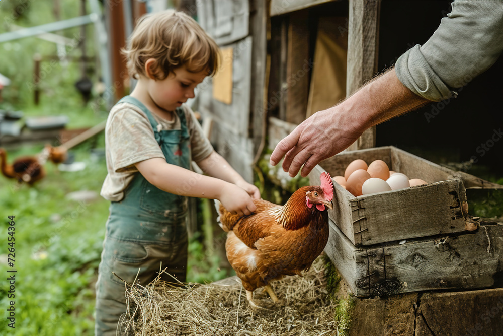 Children bring eggs from the hen's nest in the henhouse and hand them ...