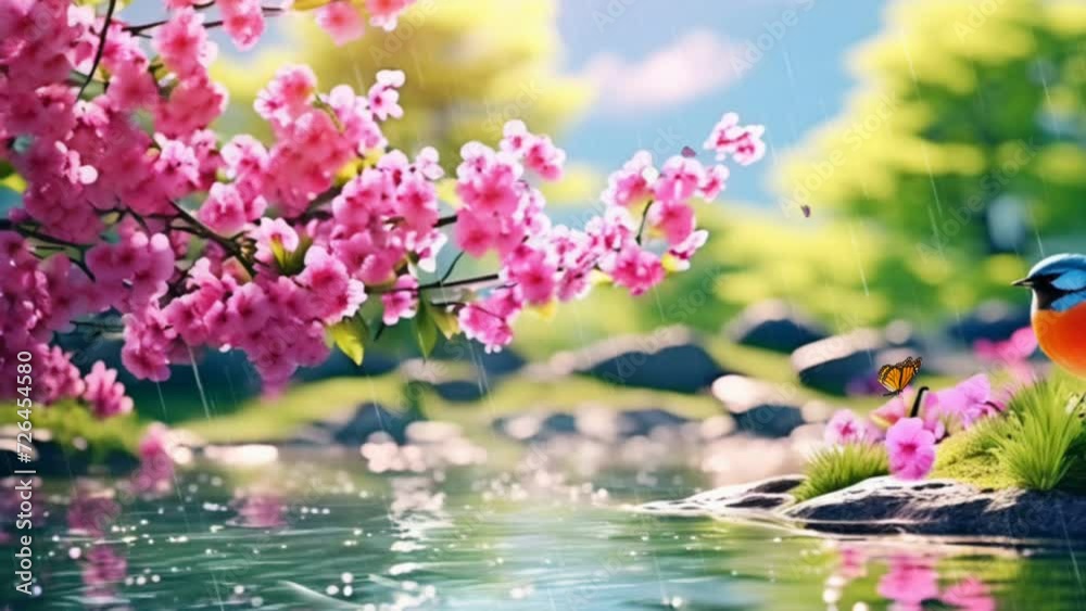 Beautiful spring nature landscape and cherry blossom tree animated ...