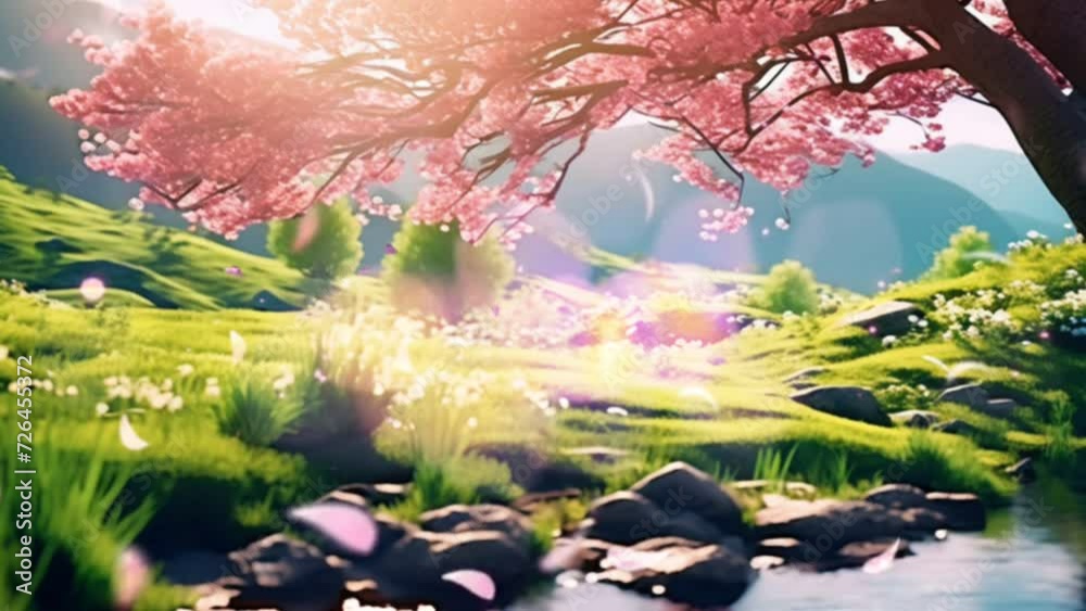 Beautiful spring nature landscape and cherry blossom tree animated ...