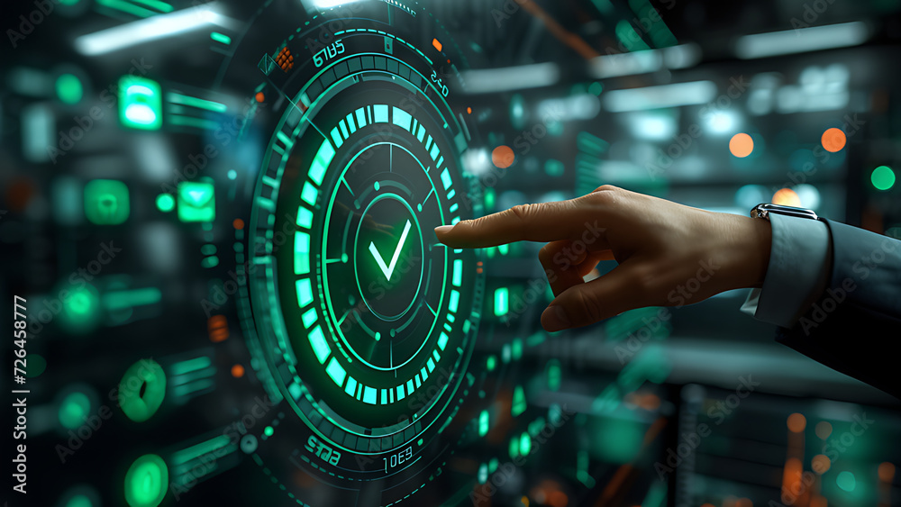 Businessman touching infographic hud panel, green check mark on center ...