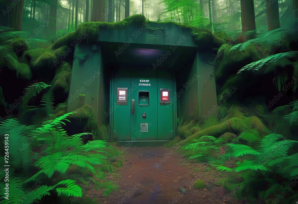 Entrance to a bunker with digital combination locks in the middle of a ...