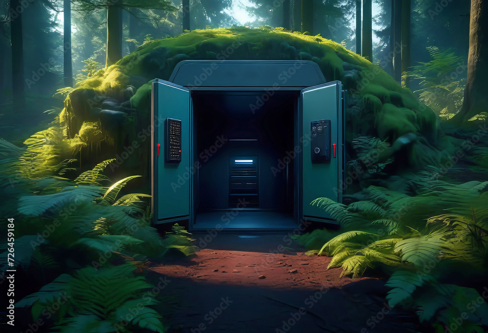 Entrance to a bunker with digital combination locks in the middle of a ...