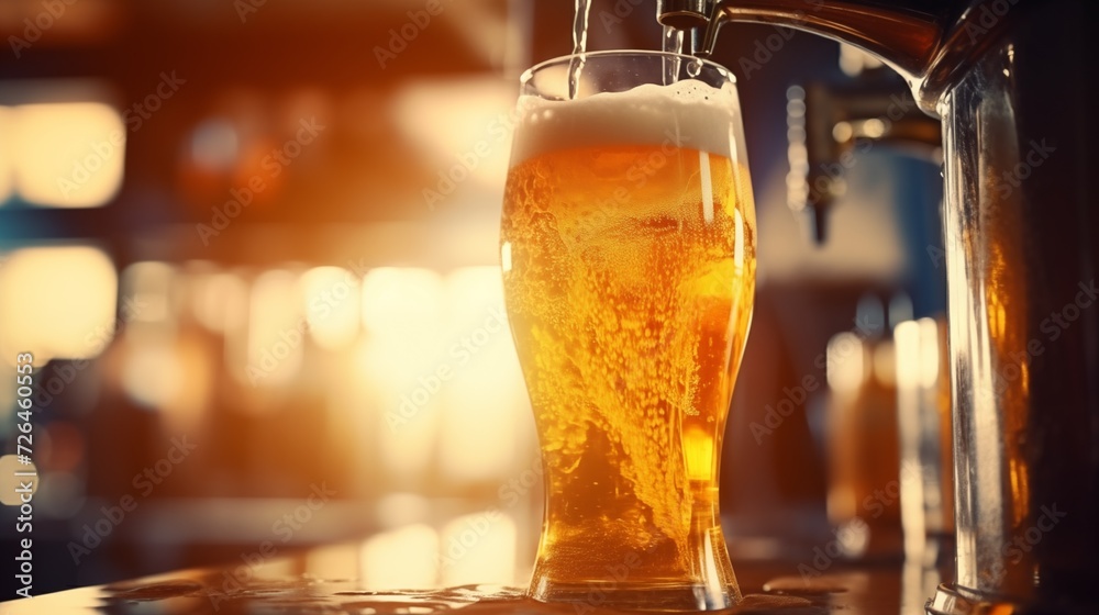 Fresh cold beer in glass and free space for brand bottle. Bar interior ...