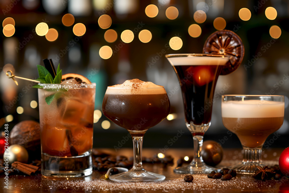 Festive coffee cocktails with holiday bokeh. Assorted coffee based ...