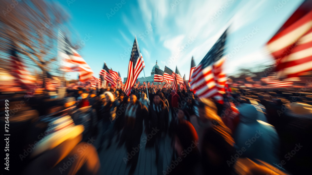 Blurred background of a rally on the square many people with US flags ...