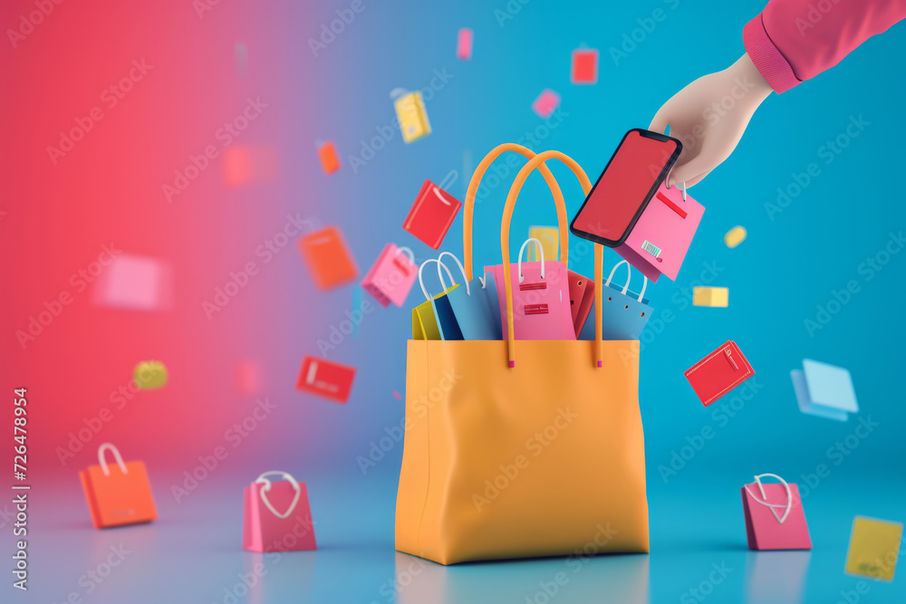 3d vector render online shopping bag using tags promotion or cash for ...