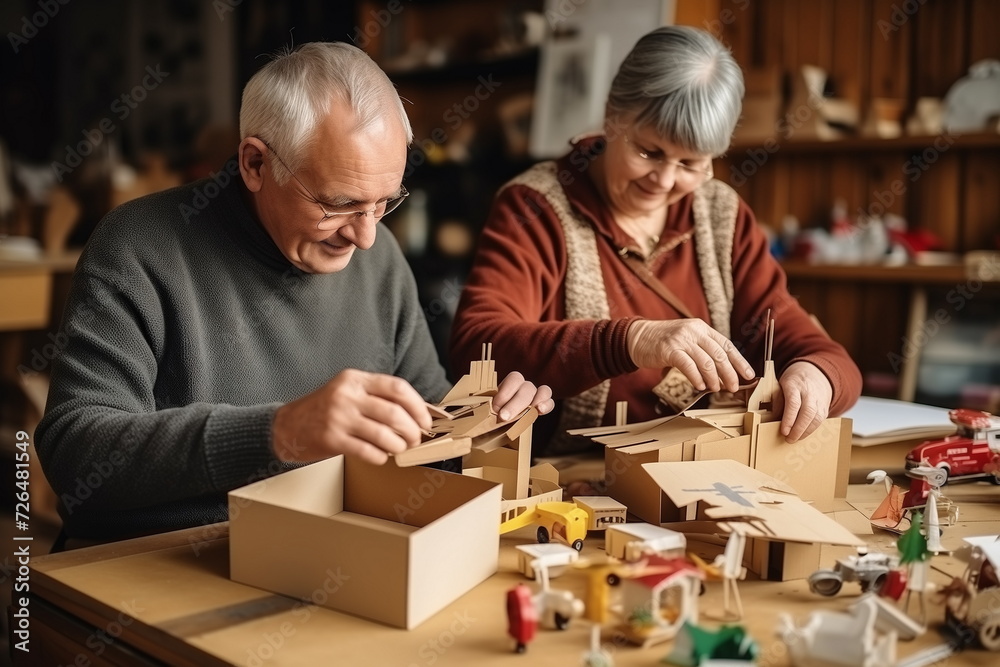 An elderly couple creates wooden toys at home and packs them in a ...
