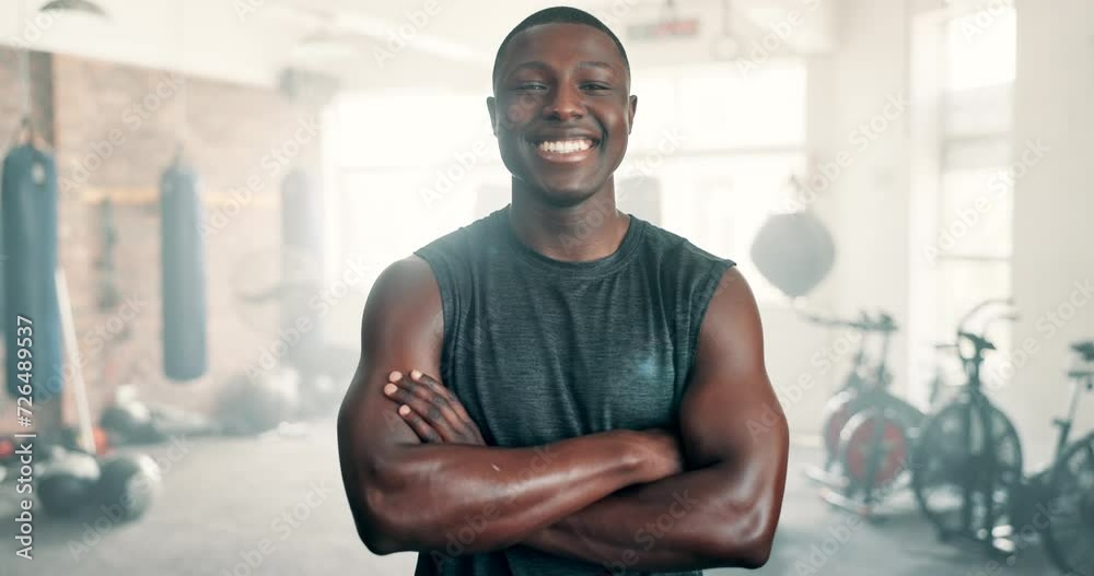 African man, face and arms crossed in gym with smile, pride and ...