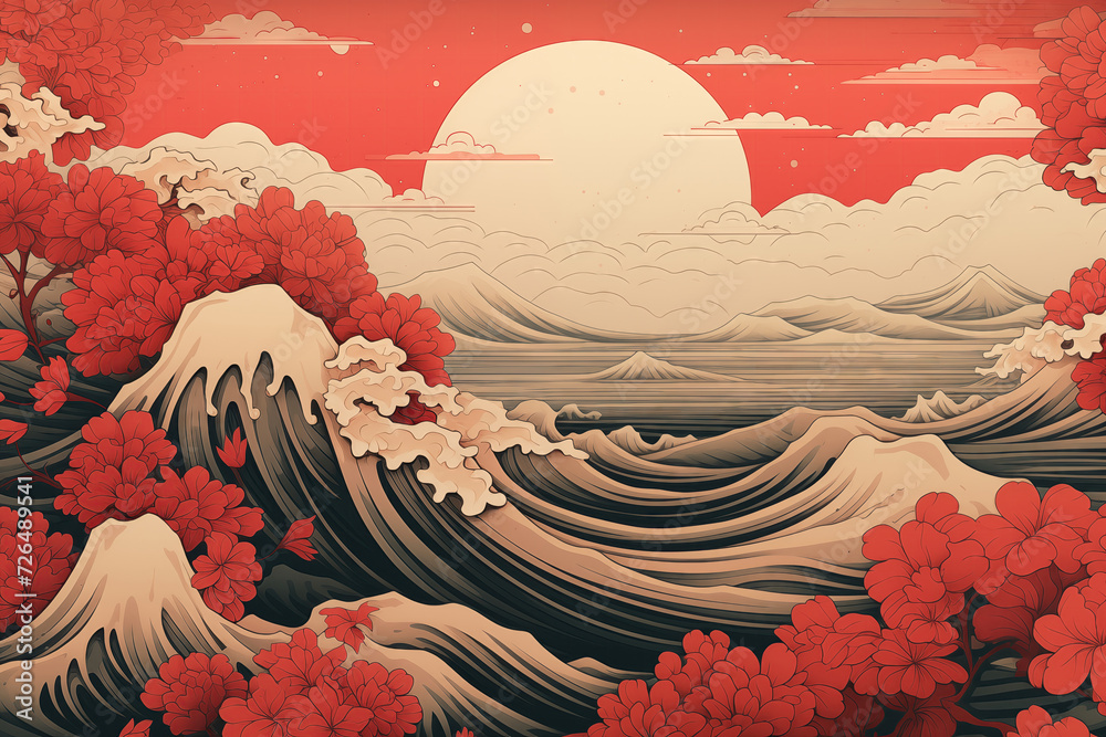 Japanese aesthetic background with water waves, mountains, cherry ...