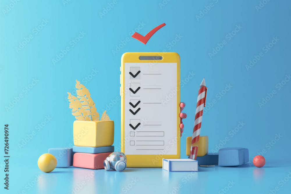 3d task management todo check list with mobile phone holding hand ...