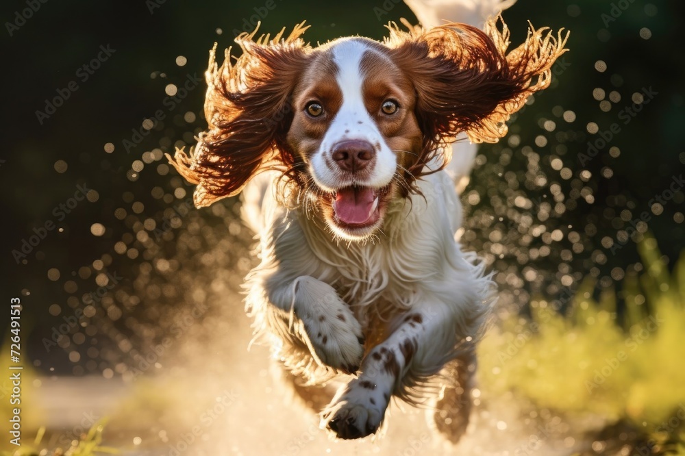 Cocker Spaniel running in a wheat field,open mouth ears developing ...