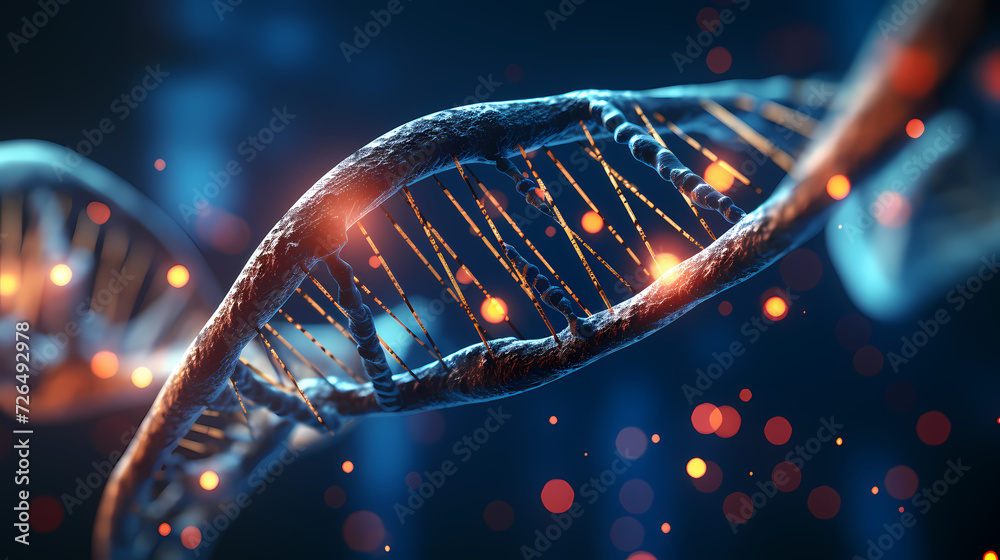 3D rendering genetic diagram of human DNA under microscope Stock ...