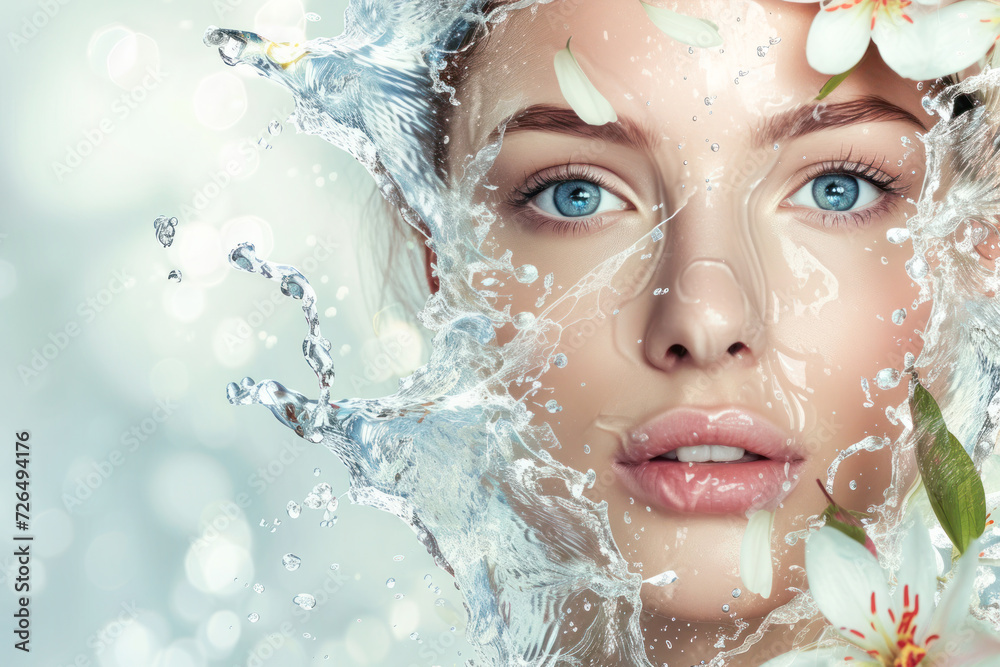 Beautiful young woman face with splashes of water and flowers. Face ...