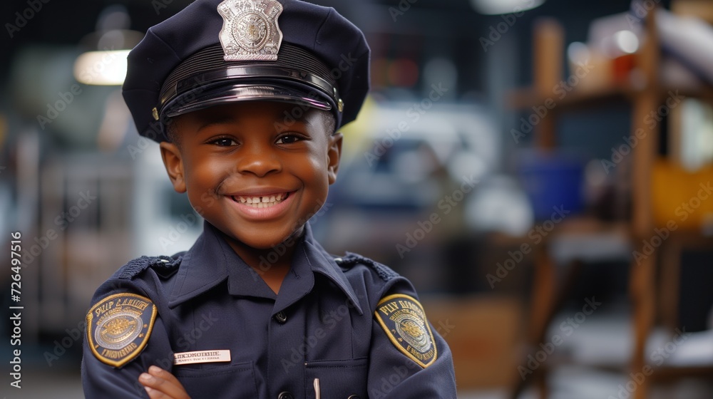 Smiling African-American Kid as Police Officer A cheerful child dressed ...