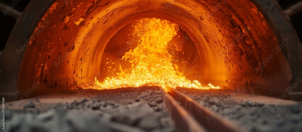 Flame in rotary kiln heating mode in cement plant, up close. Stock ...
