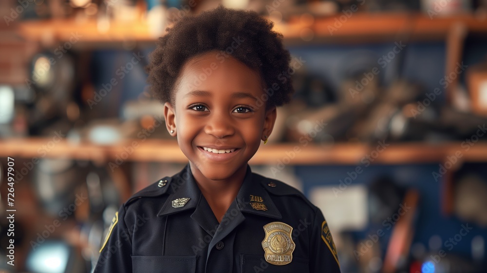 Smiling African-American Kid as Police Officer A cheerful child dressed ...