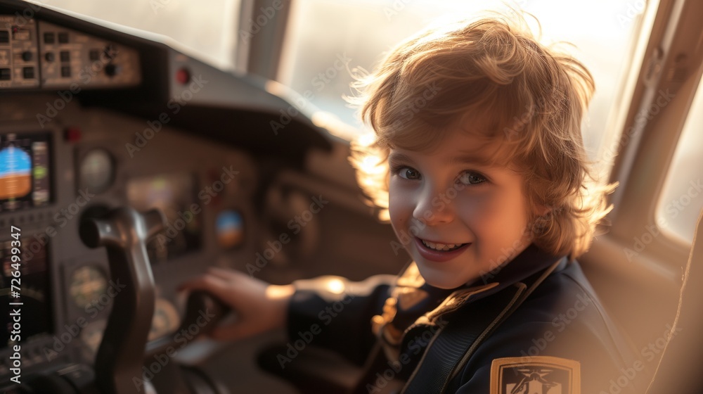 Happy Kid as Airplane Captain joyful child dressed in a pilot suit ...