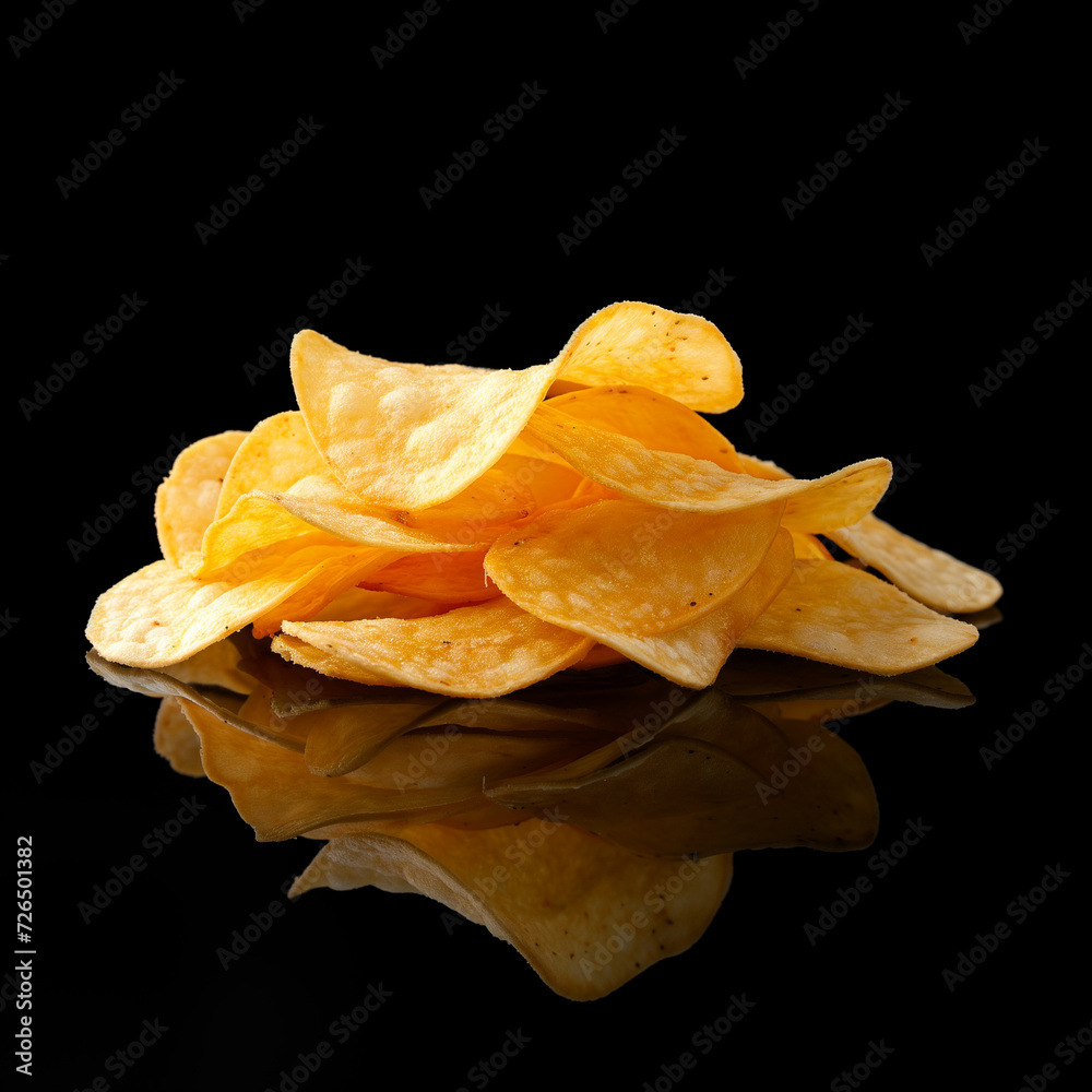 Stack of Crispy Potato Chips on Reflective Black Background Stock Photo ...