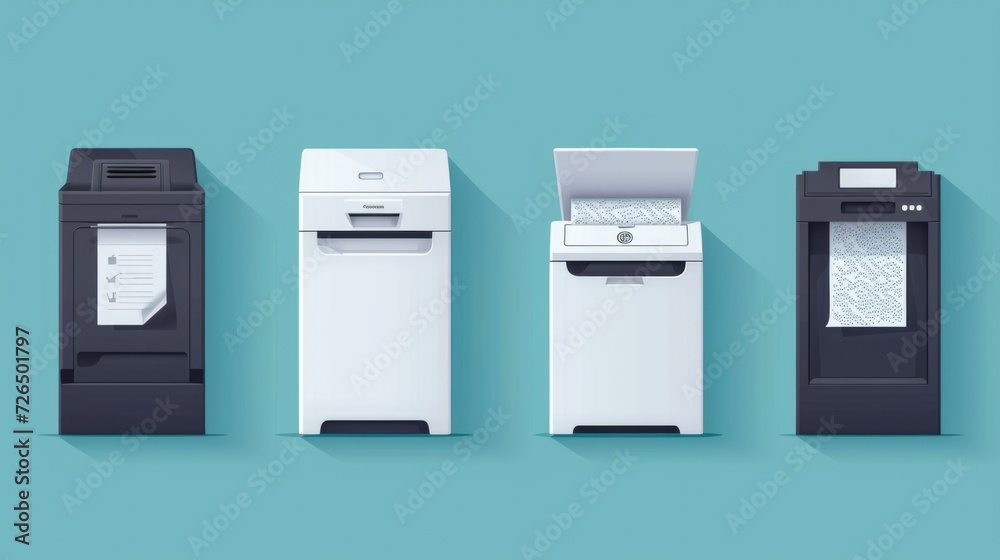 Printers of different types displayed on a blue background. Suitable ...