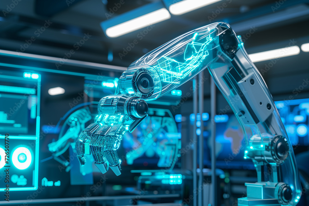 Transparent Robotic Arm in High-Tech Facility. A transparent robotic ...