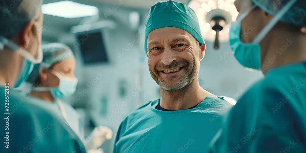 Confident male surgeon smiling in operating room. medical professional ...