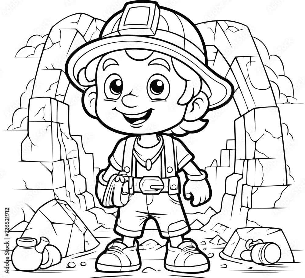 Coloring Page Outline Of a Little Boy in a Miner Helmet เวกเตอร์สต็อก ...