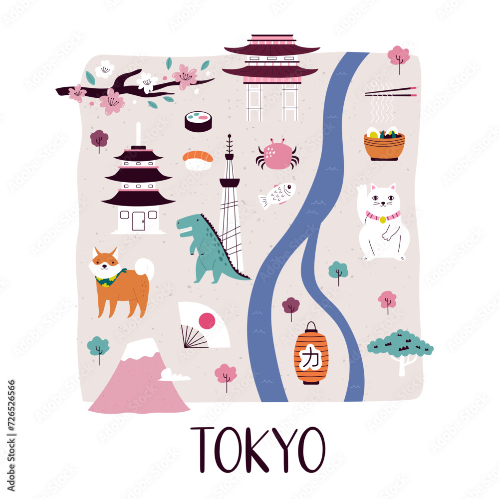 Vector stylized illustrated city map of Tokyo with famous landmarks ...