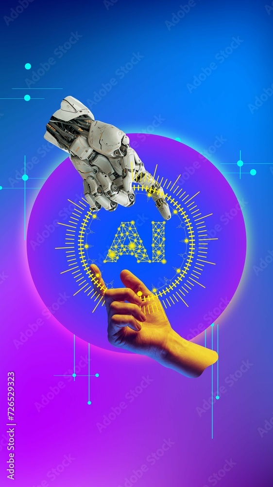 3D model of robotic hand and human hand touching fingers with AI icon ...