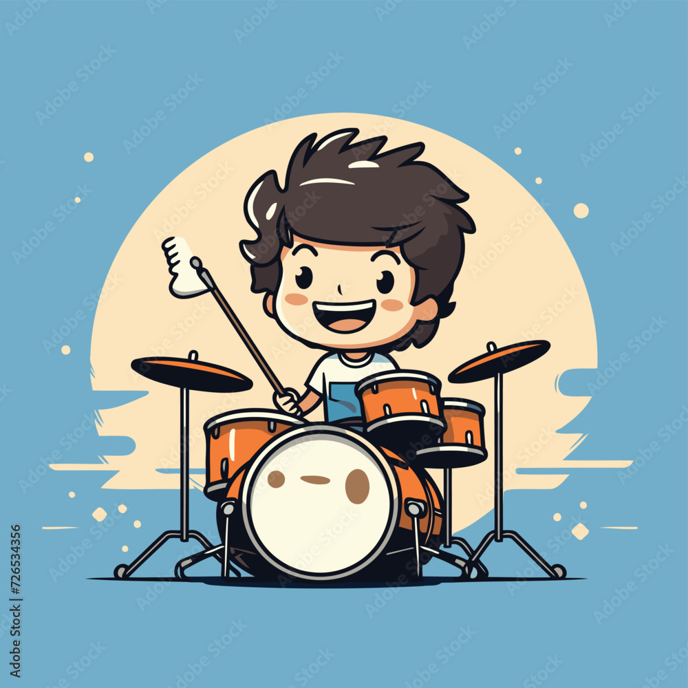 Cartoon boy playing drum set. Cute cartoon style vector illustration ...