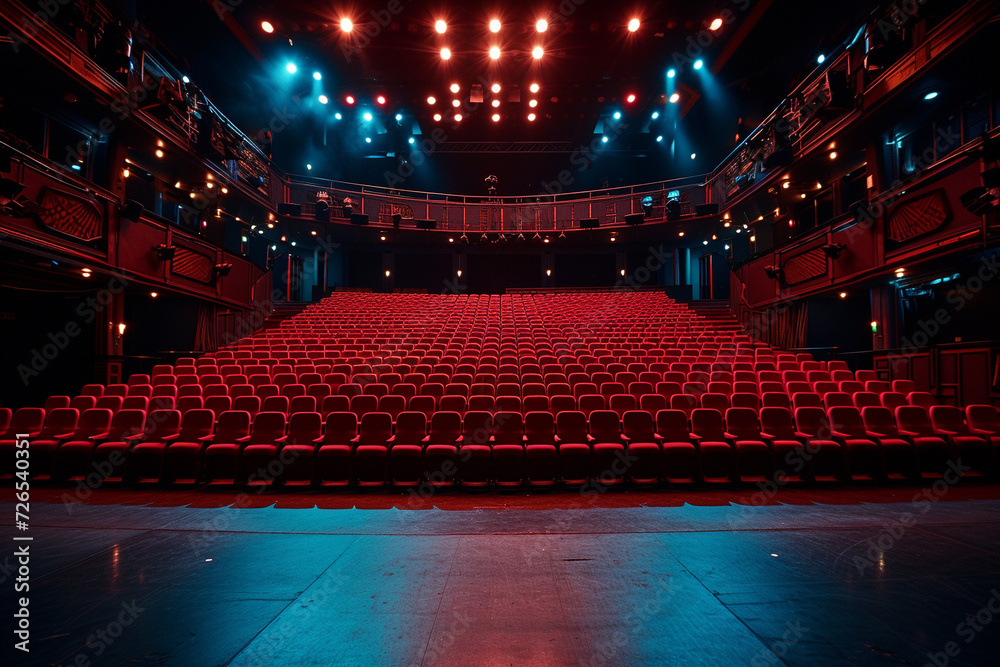 Empty theater capturing the anticipation of a show, with lights set to ...