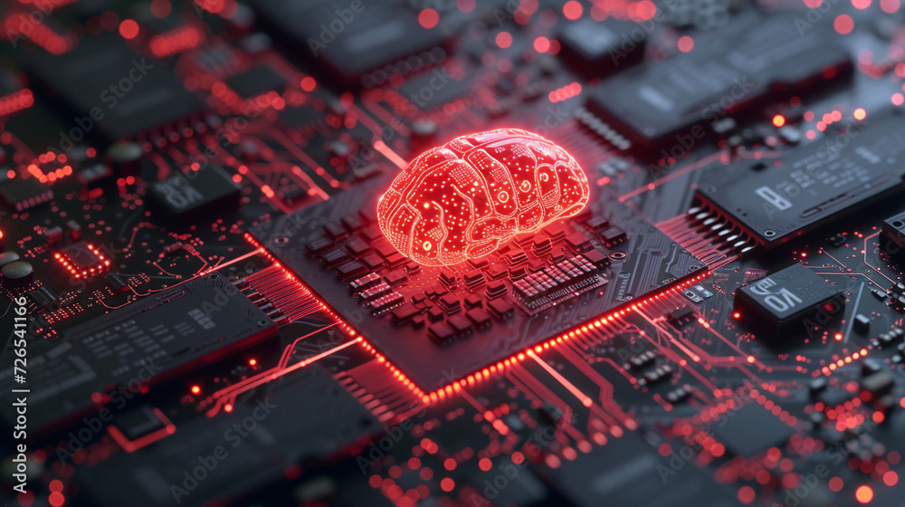 AI hardware: Red-glowing 3D brain circuit on microchip. Powers big data ...